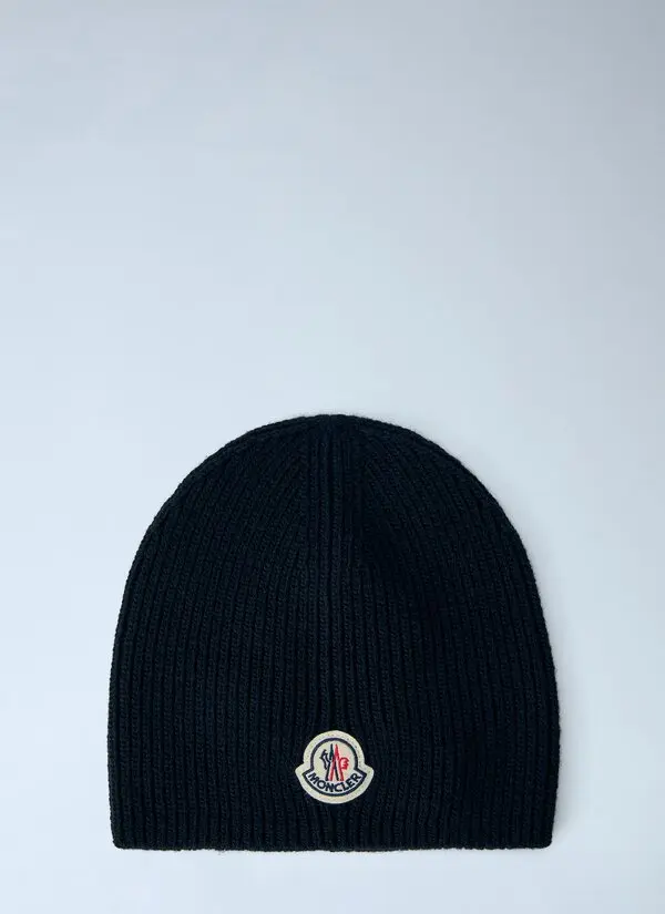 Moncler Ribbed Wool Beanie Hat - Black