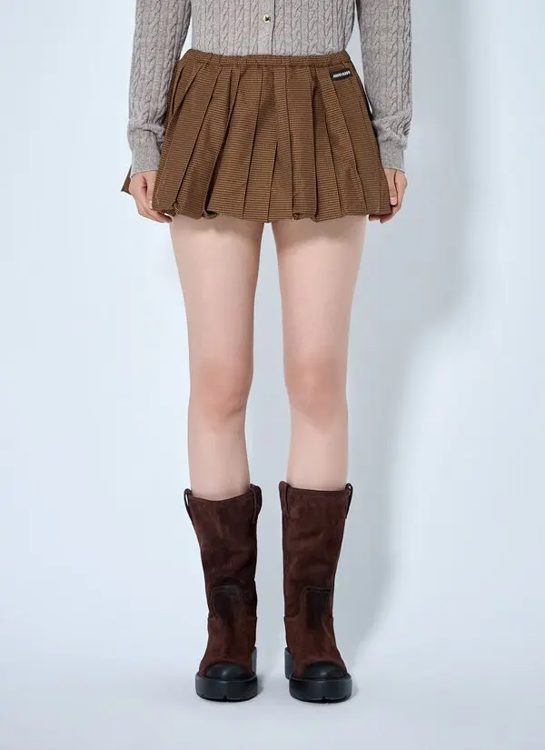 Miu Miu Pleated Gingham Check Mini Skirt - Brown