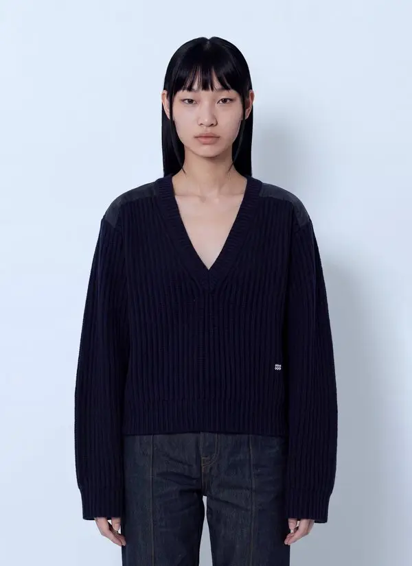 GANNI Wool Melange Rib Stripe V Neck - Navy