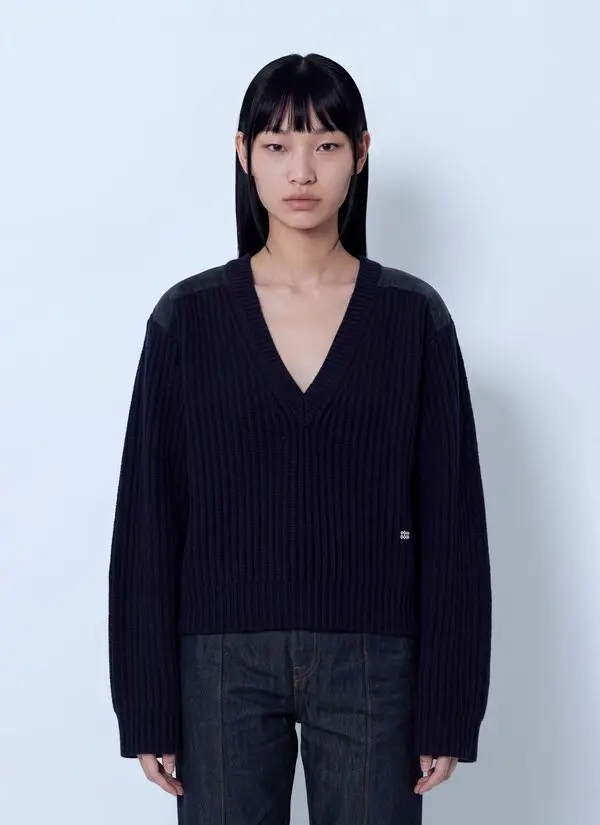 GANNI Wool Melange Rib Stripe V Neck - Navy