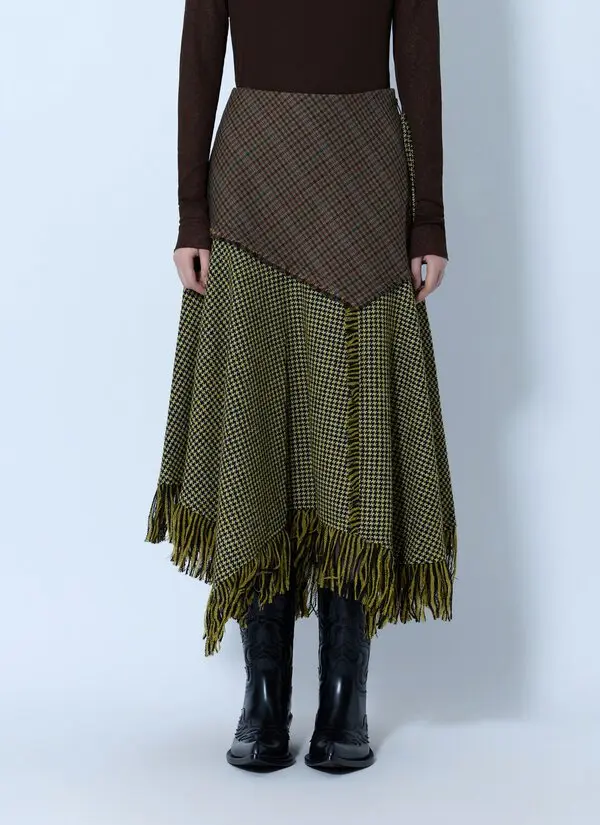 GANNI Woollen Check Patchwork Long Skirt - Green