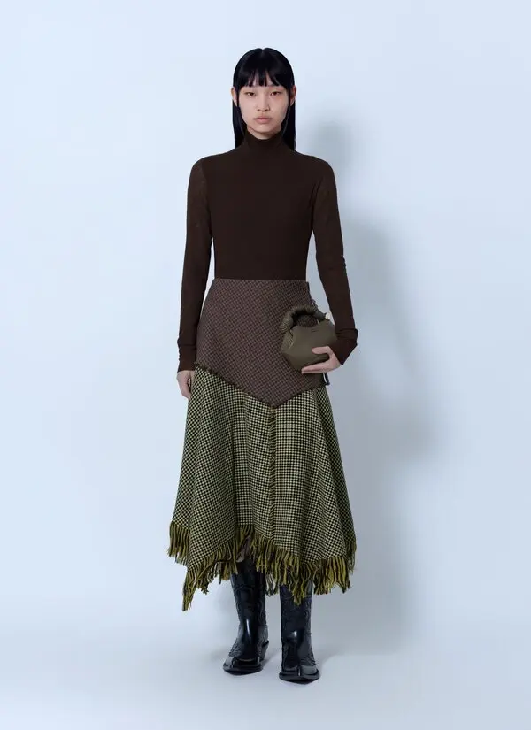 GANNI Woollen Check Patchwork Long Skirt
