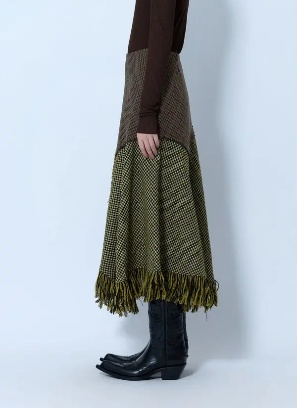 GANNI Woollen Check Patchwork Long Skirt