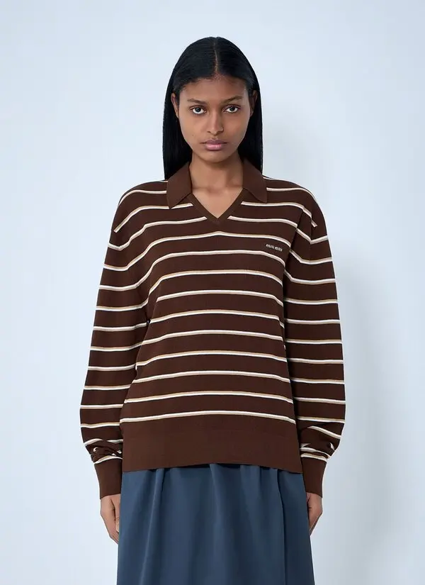 Miu Miu Striped Knit Polo Sweater - Brown