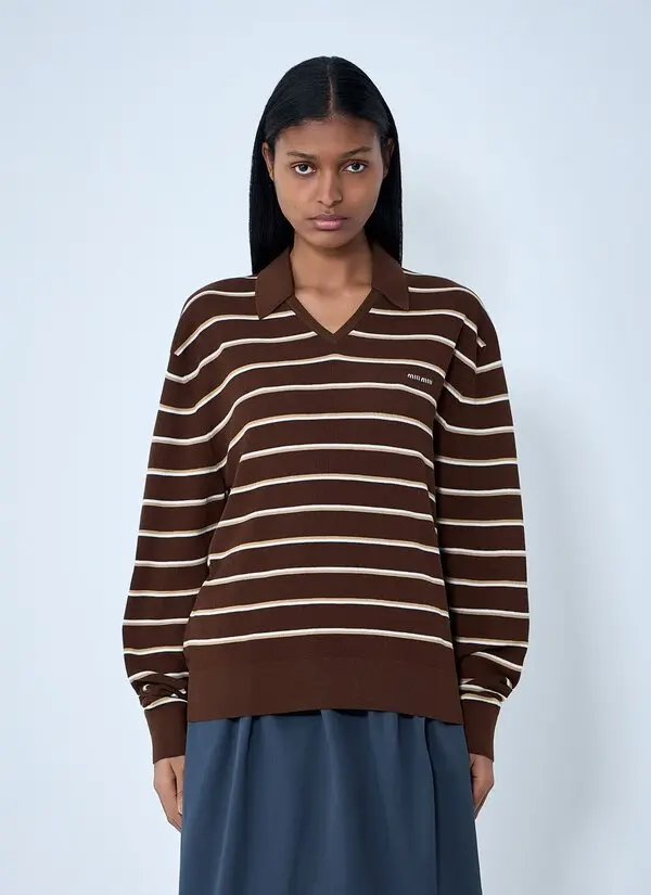 Miu Miu Striped Knit Polo Sweater - Brown