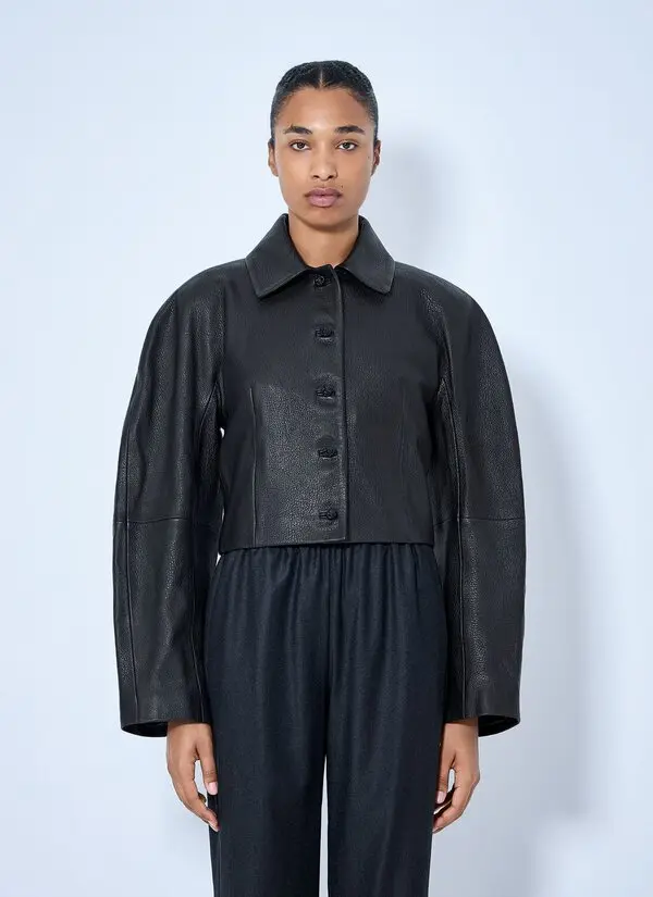 RÓHE Rounded Grain Leather Cropped Jacket - Black