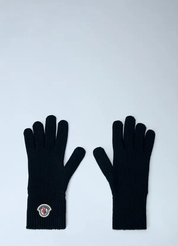 Moncler Ribbed Knit Gloves With Logo Patch - Black