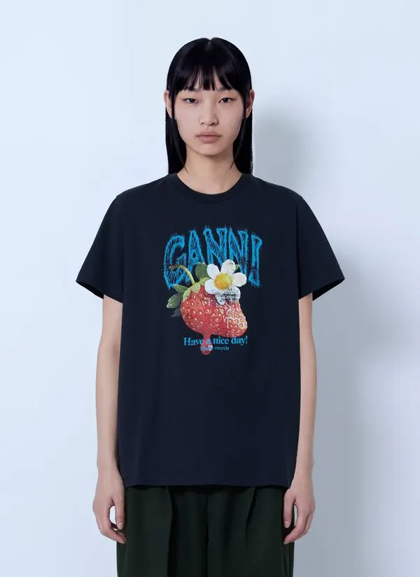 GANNI Fruit Logo Cotton T-shirt - Black