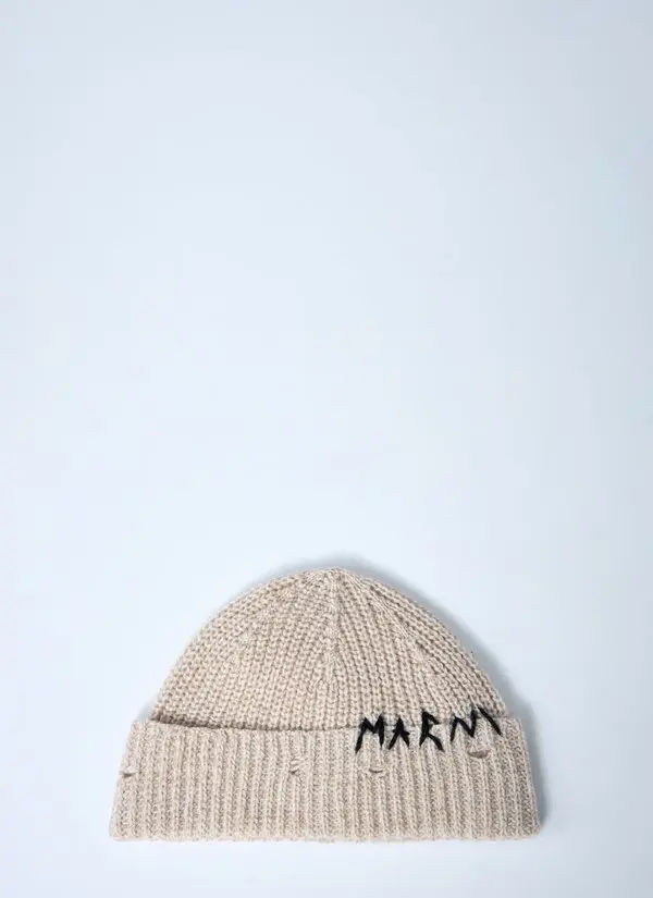 Marni Logo Motif Beanie Hat - Beige