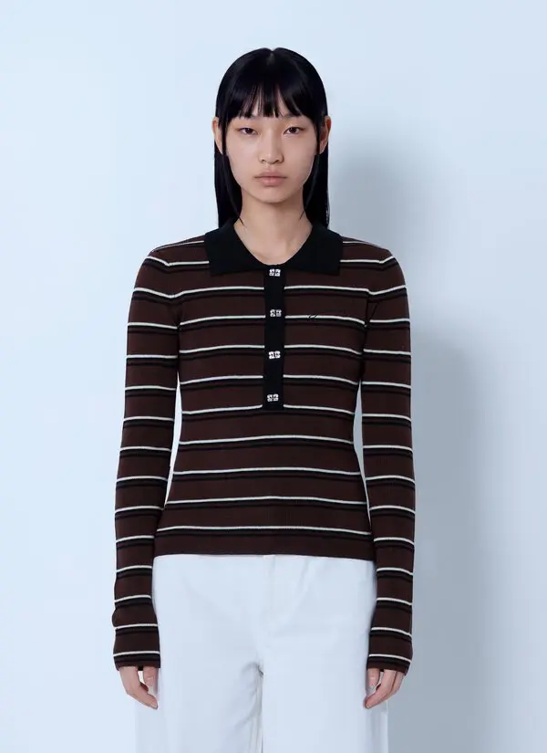 GANNI Mini Ribbed Merino Polo - Brown