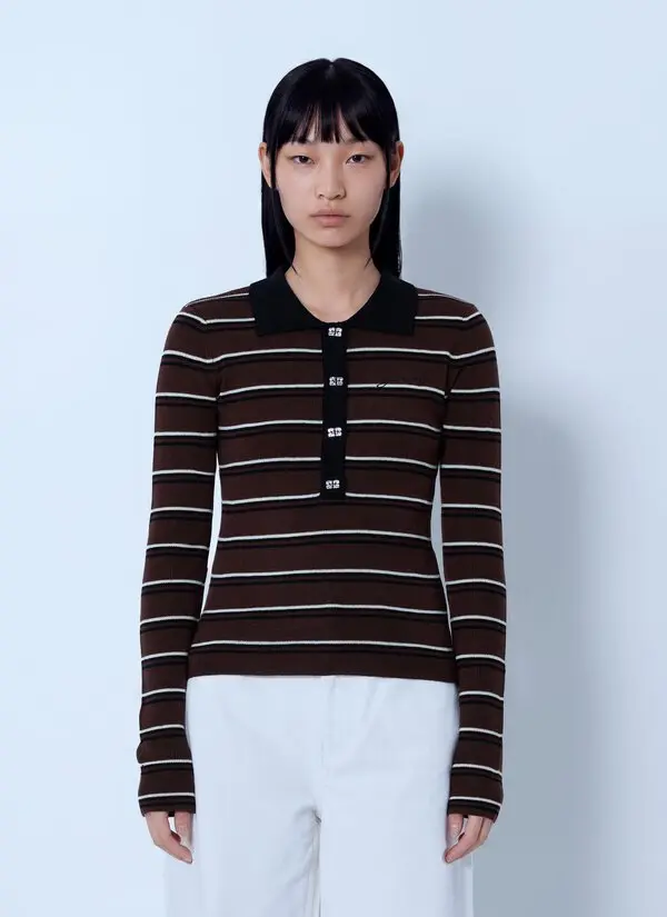GANNI Mini Ribbed Merino Polo - Brown