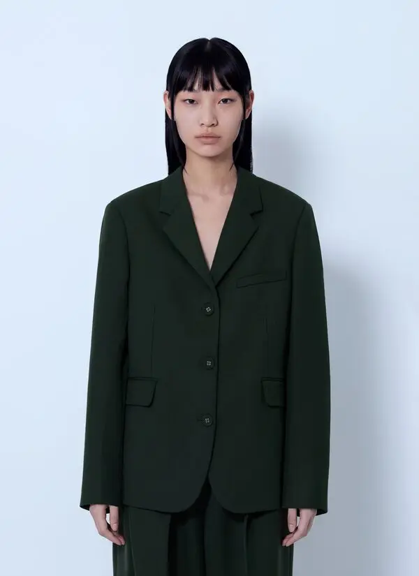 GANNI Single Wool Twill Blazer - Green