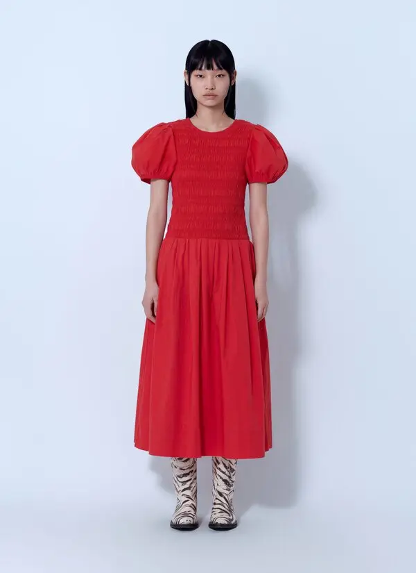 GANNI Stretch Cotton Long Smocked Pleated Dress - Red