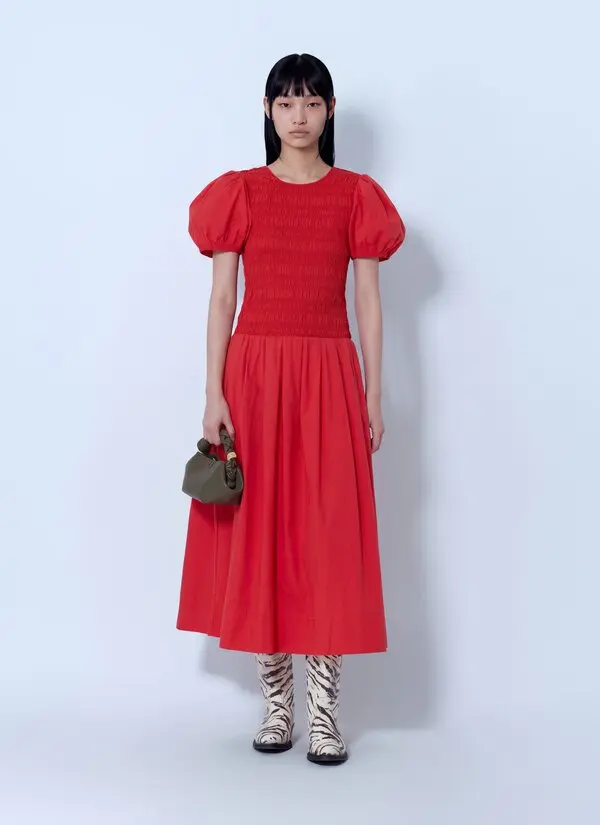 GANNI Stretch Cotton Long Smocked Pleated Dress
