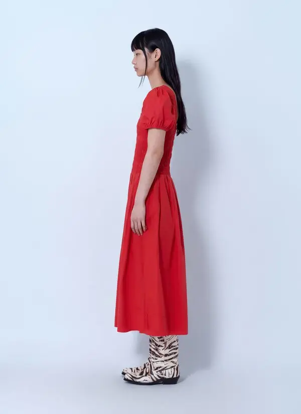 GANNI Stretch Cotton Long Smocked Pleated Dress