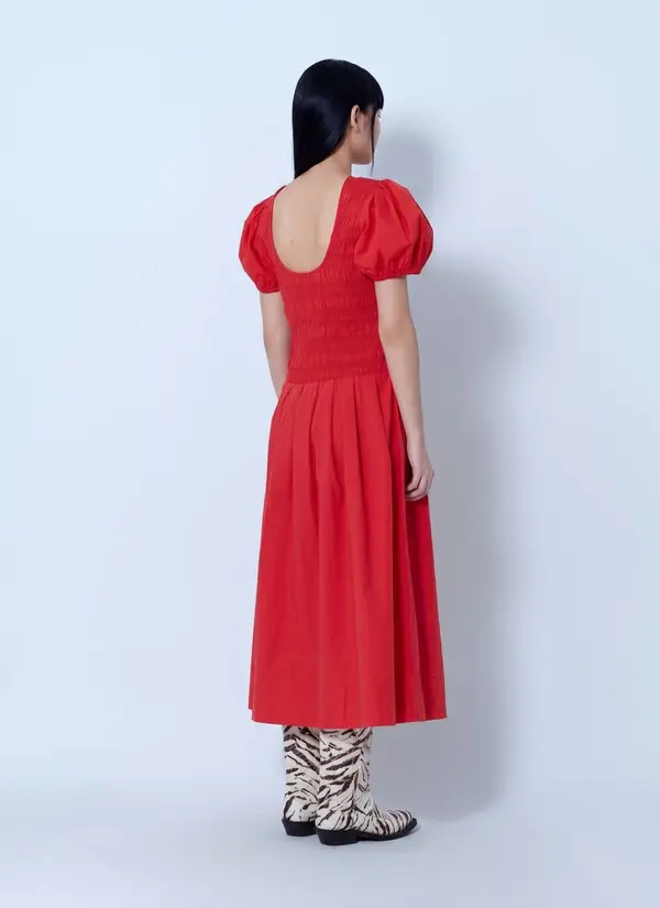 GANNI Stretch Cotton Long Smocked Pleated Dress
