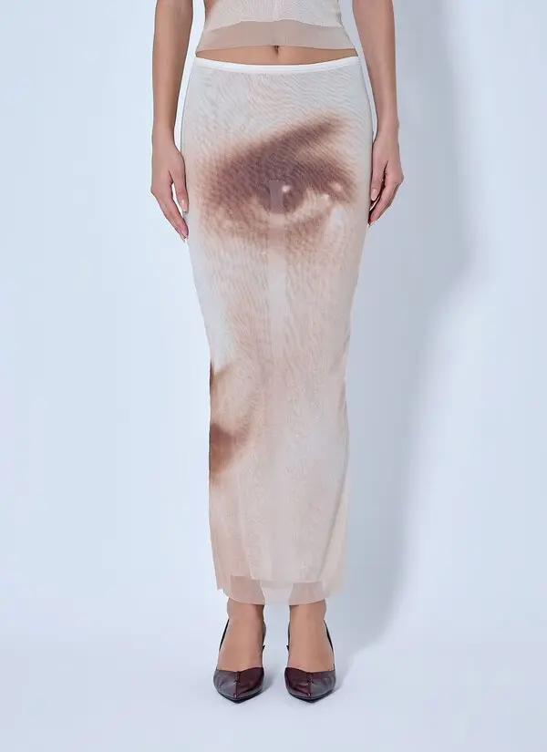 JEAN PAUL GAULTIER Mesh Printed Face Long Skirt - Beige