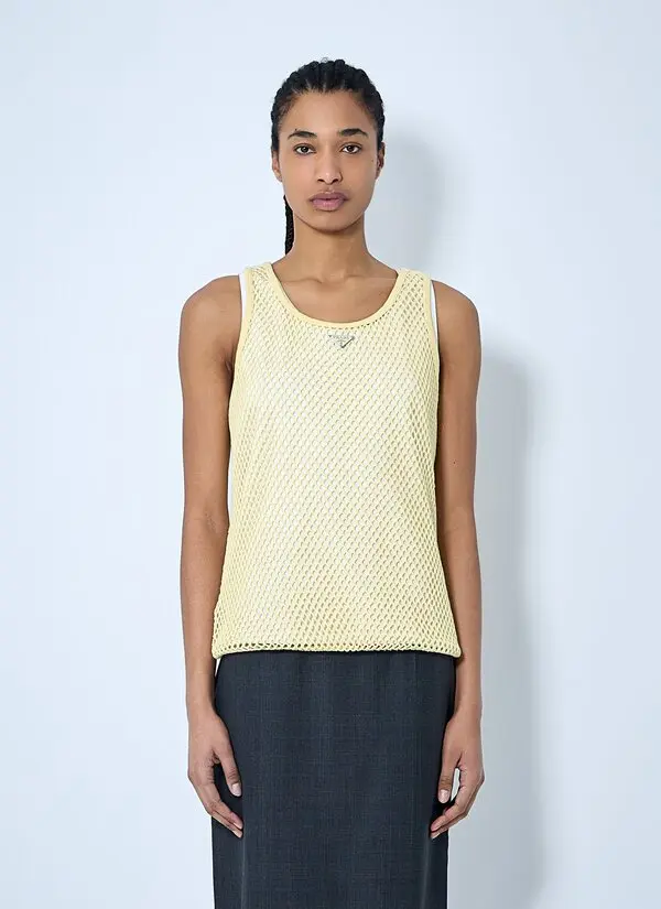 Prada Logo Plaque Open- Knit Tank Top - Beige