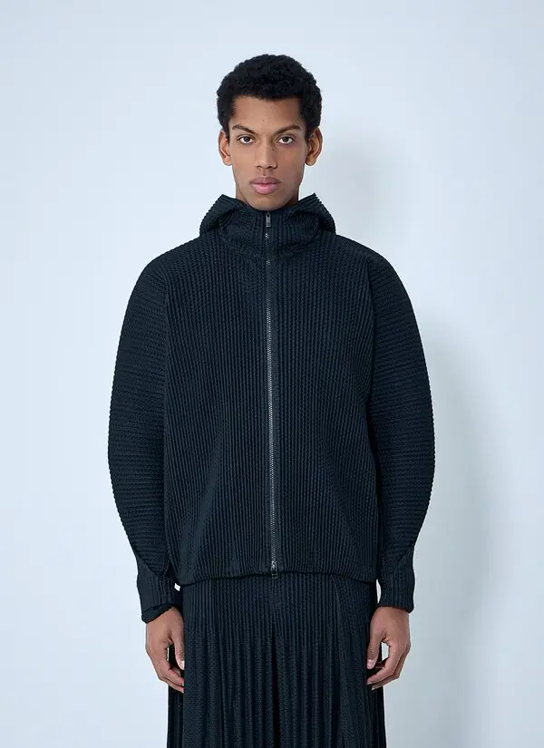 Issey Miyake Pleated Zip-up Hooded Sweater - Black