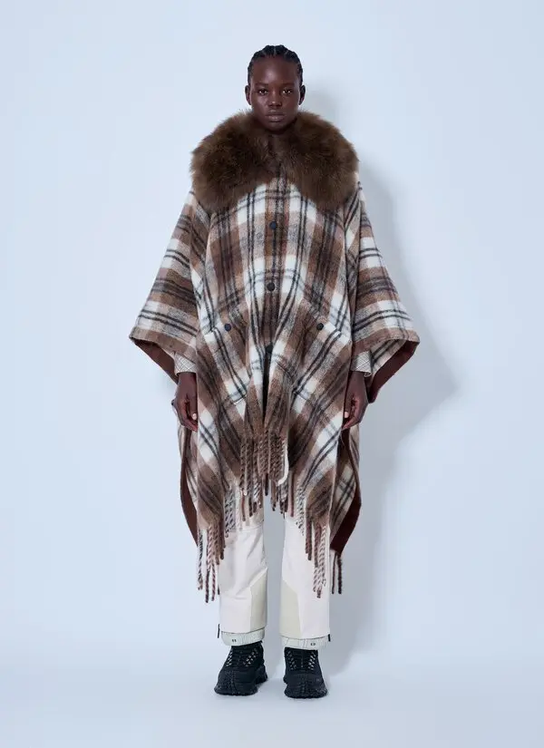 Moncler Shearling Collar Mohair, Alpaca & Wool Blend Cape - Brown