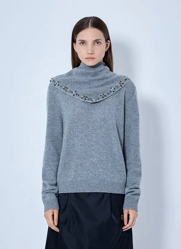 Prada Embroidered-scarf Cashmere Sweater - Grey
