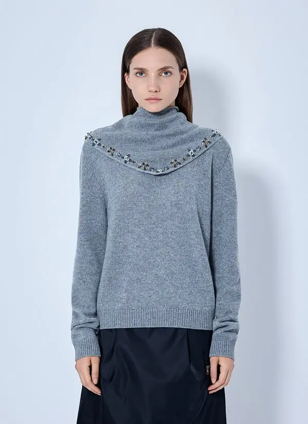 Prada Embroidered-scarf Cashmere Sweater - Grey