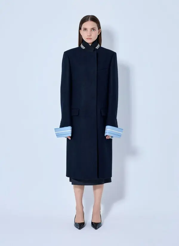 Prada Single-breasted Embroidered Double Wool Coat - Blue