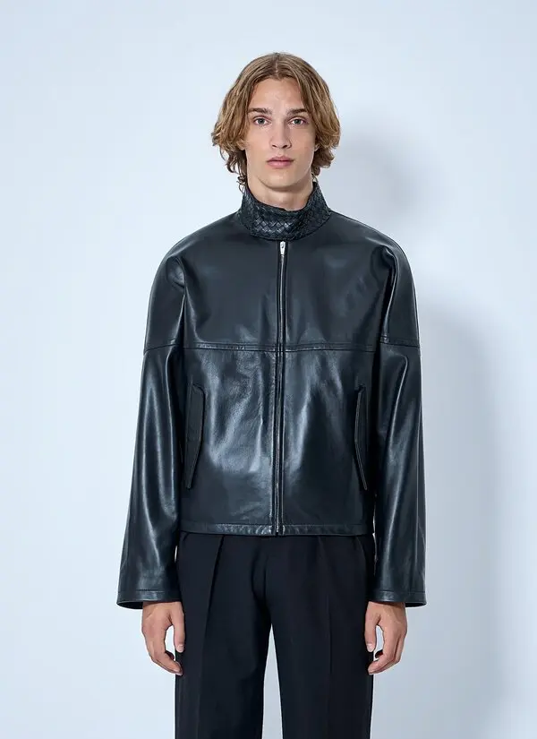 Bottega Veneta Intrecciato Leather Blouson Jacket - Black