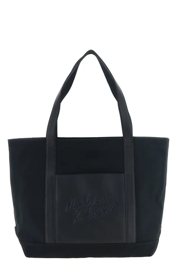 Maison Kitsuné Canvas And Large Leather Shopping Bag - Black
