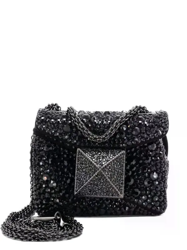 Valentino Garavani One Stud Chain Flap Bag Crystal Embellished Suede Micro Shoulder Bag - Black