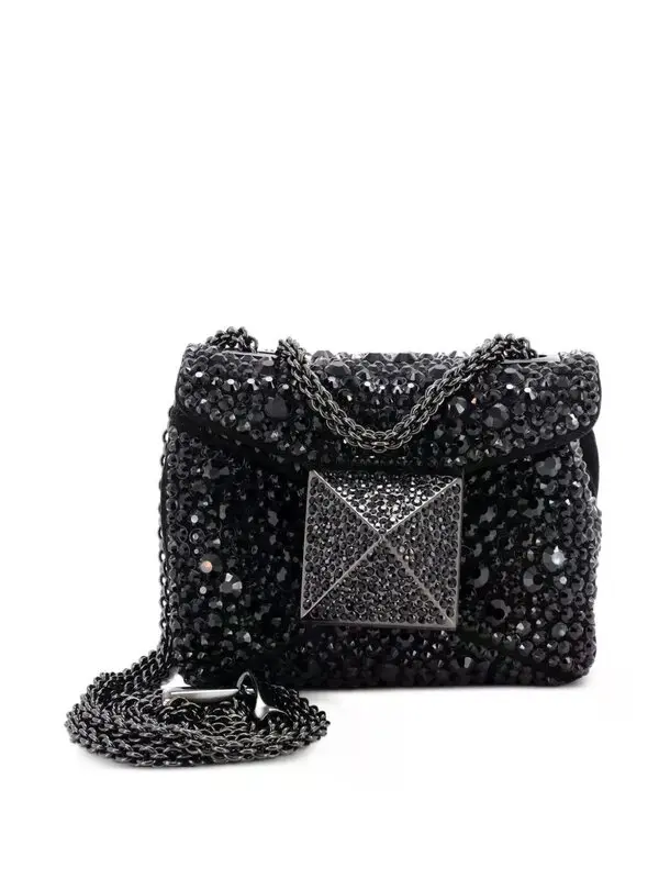 Valentino Garavani One Stud Chain Flap Bag Crystal Embellished Suede Micro Shoulder Bag - Black