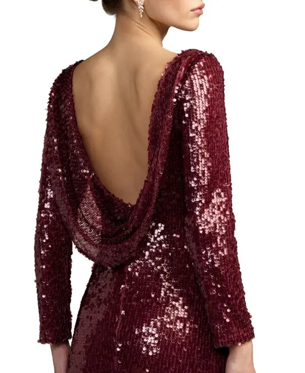 Mac Duggal High Neck Long Sleeve Cowl Back Sequin Gown