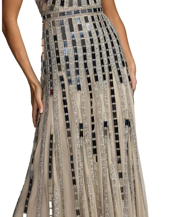 Mac Duggal Sleeveless Geometric Mirror Embellished Gown
