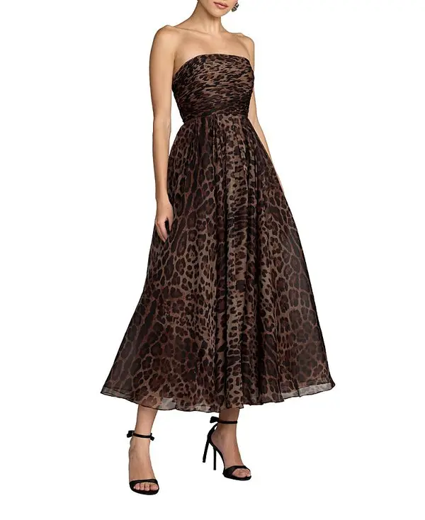 Mac Duggal Strapless A-line Chiffon Midi Dress - Leopard