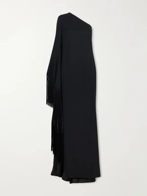 TALLER MARMO Viper One-shoulder Fringed Crepe Gown - Black