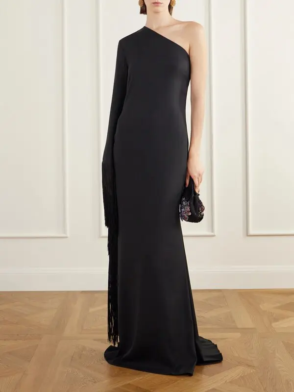 TALLER MARMO Viper One-shoulder Fringed Crepe Gown