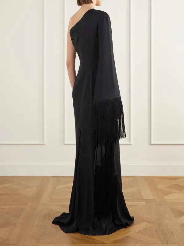 TALLER MARMO Viper One-shoulder Fringed Crepe Gown