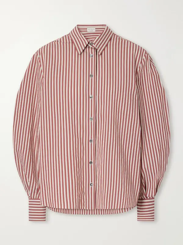Brunello Cucinelli Bead-embellished Striped Cotton-blend Poplin Shirt - Red