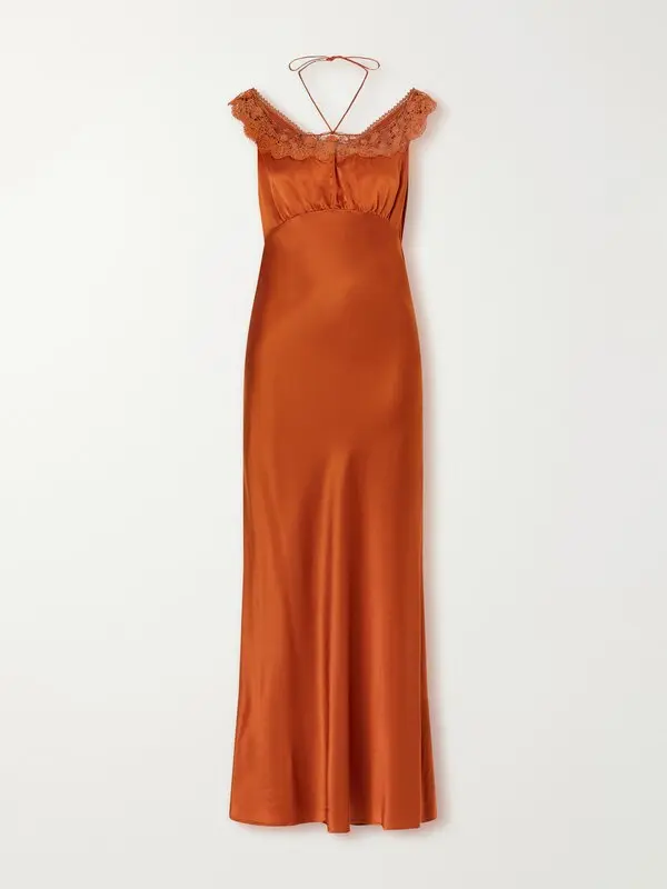 Miguelina Crochet-knit Trimmed Silk-blend Charmeuse Halterneck Maxi Dress