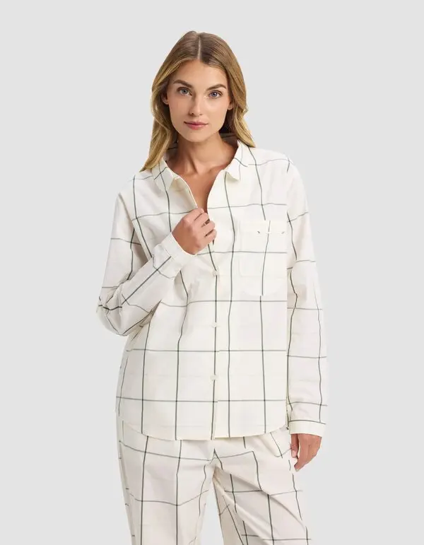 Cozy Earth Sutton Long Sleeve Shirt Pajama Top - Bone Windowpane