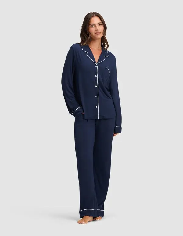 Cozy Earth Bamboo Stretch-knit Long Sleeve Shirt Pajama Set - Navy
