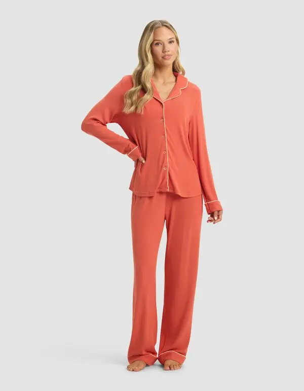 Cozy Earth Bamboo Rib-knit Classic Long Sleeve Shirt Pajama Set - Sunset
