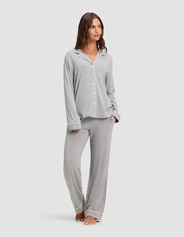 Cozy Earth Bamboo Stretch-knit Long Sleeve Shirt Pajama Set Petite - Ski In Fathom