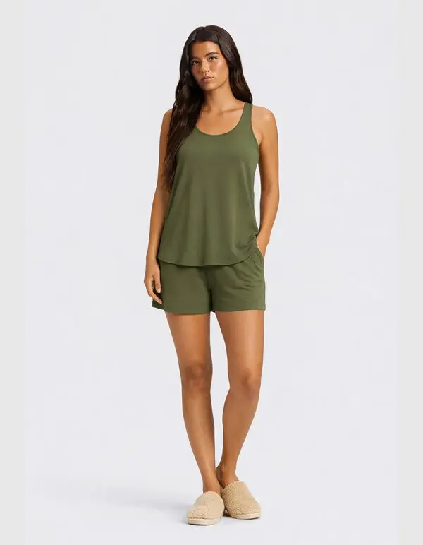 Cozy Earth Bamboo Stretch-knit Tank Top & Shorts Set - Olive
