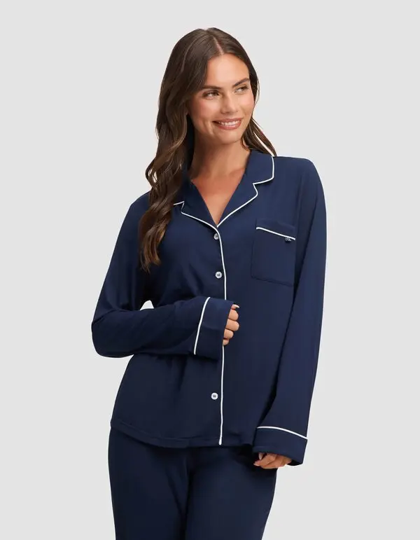 Cozy Earth Bamboo Stretch-knit Long Sleeve Shirt Pajama Top Petite - Navy