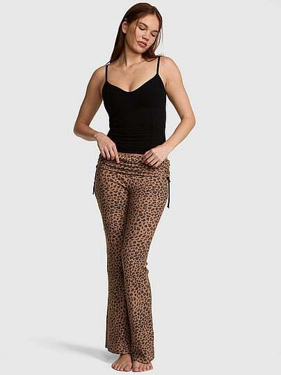 Pink Waﬄe Knit Foldover Flare Pants - Print