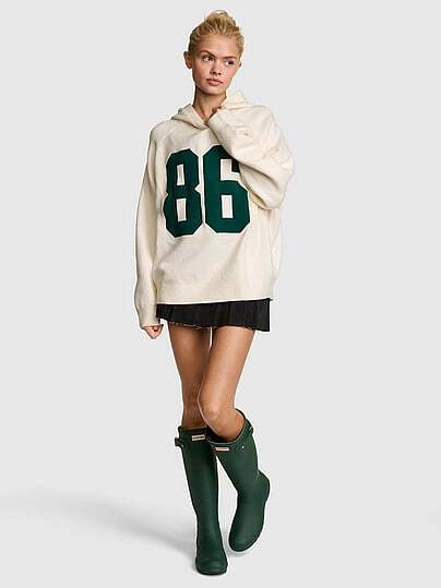 Pink Oversized Knit Hoodie - Grey