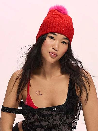Pink Sequin Knit Beanie - Red