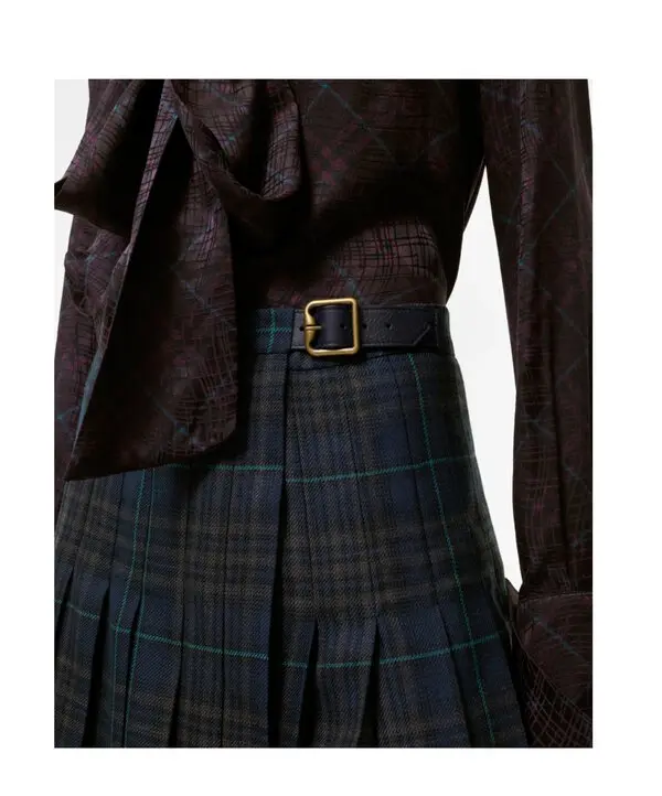 Burberry Pleated Check Wool Blend Skirt - Black