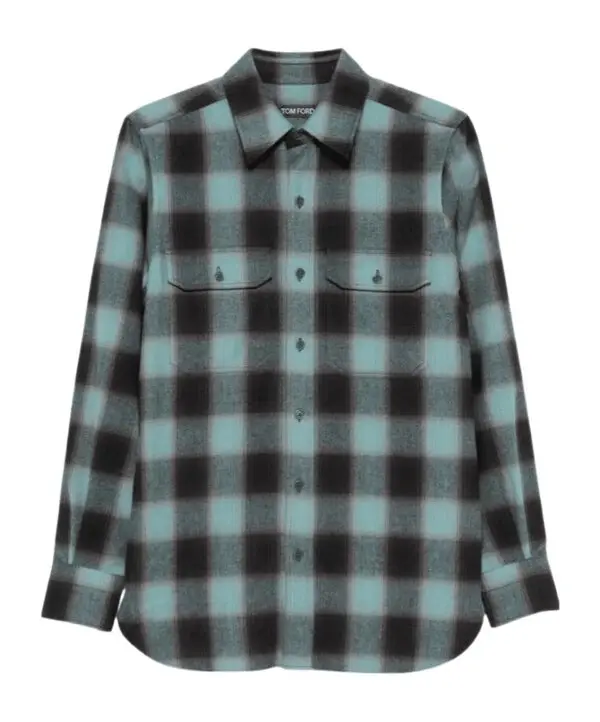 TOM FORD Plaid Long Sleeve Shirt - Light Blue